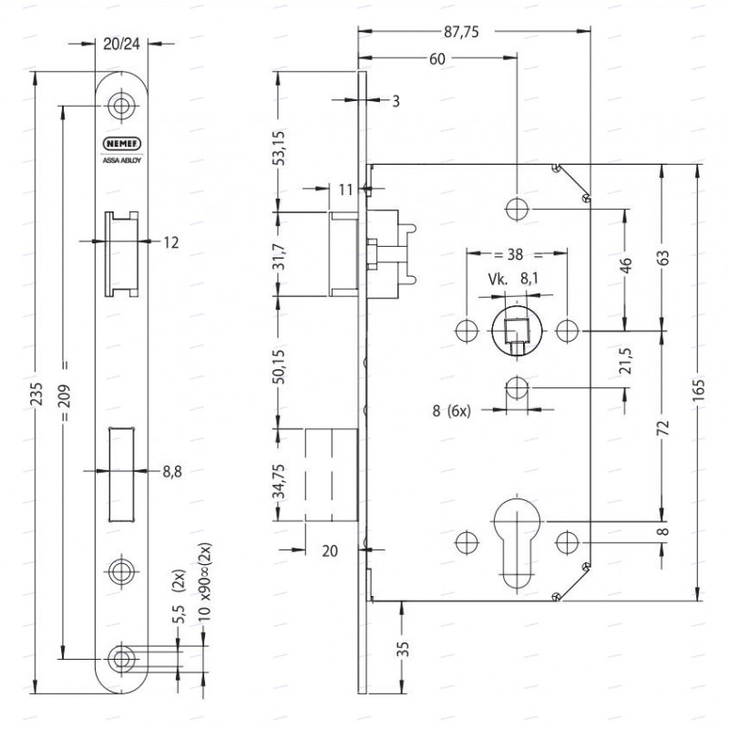 SERRURE 1 POINT AXE 60 ENTRAXE 72 NEMEF 6602